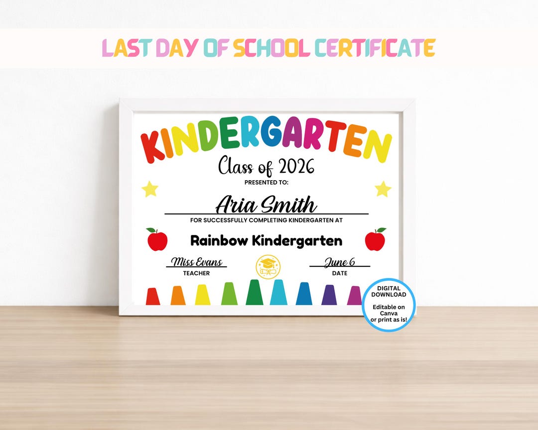 EDITABLE Last Day of Kindergarten Certificate, Kindergarten Graduation ...