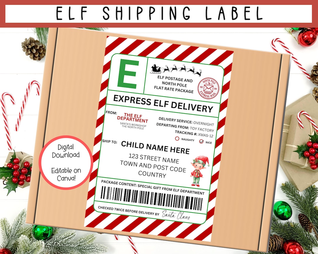 EDITABLE Elf Shipping Label, North Pole Delivery Tags, Santa Mail ...
