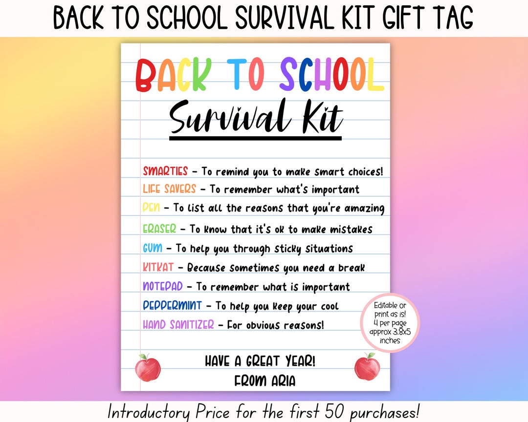 EDITABLE Back to School Survival Kit, First Day of School Gift Tag ...