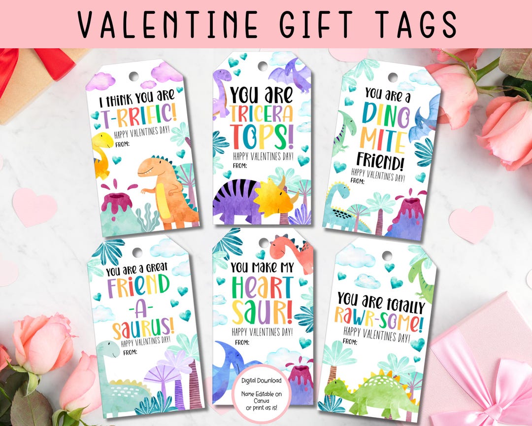 EDITABLE Dinosaur Valentine Gift Tags, Printable Kids Valentine Tag ...