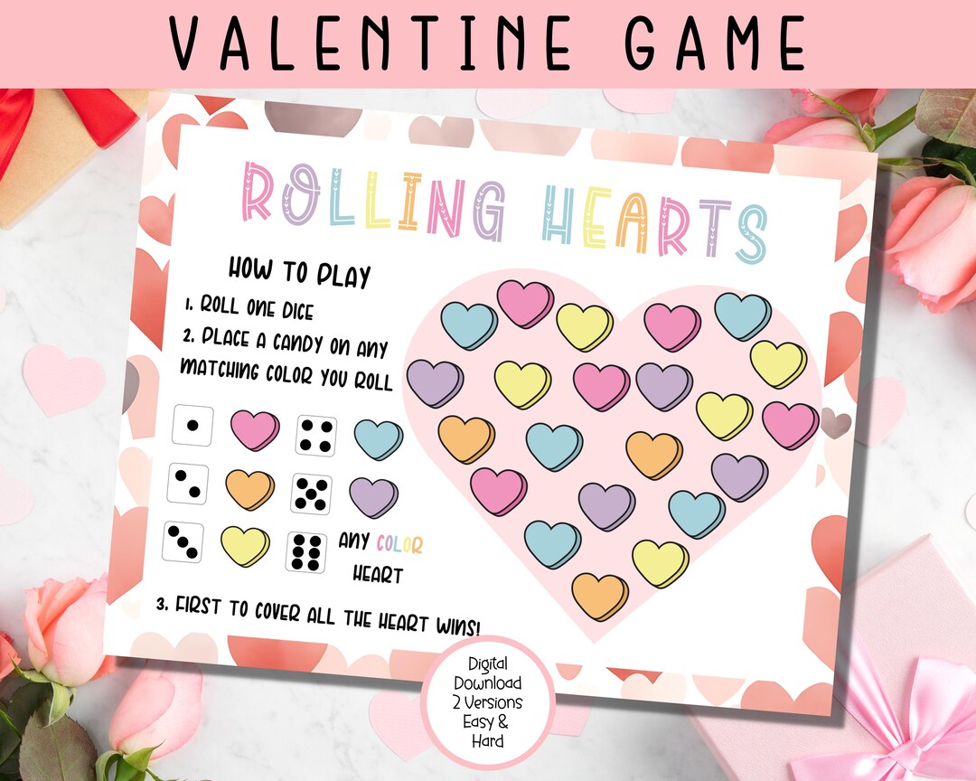 Valentine's Day Candy Game, Printable Rolling Hearts Valentine Games ...