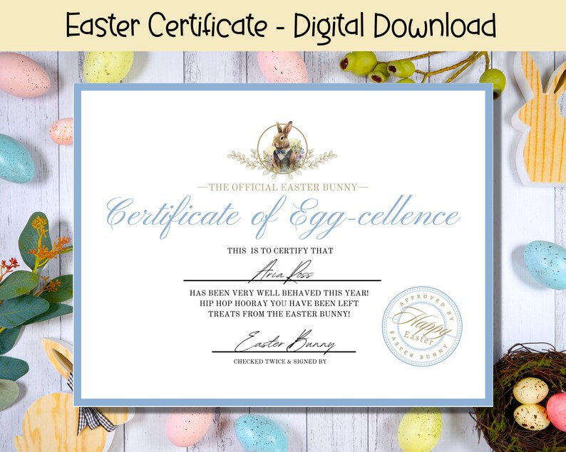 EDITABLE Certificate From Easter Bunny Blue Printable Easter - Etsy