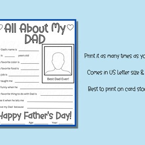 Father's Day Printable, All About My Dad, Fathers Day Gift, Card for ...