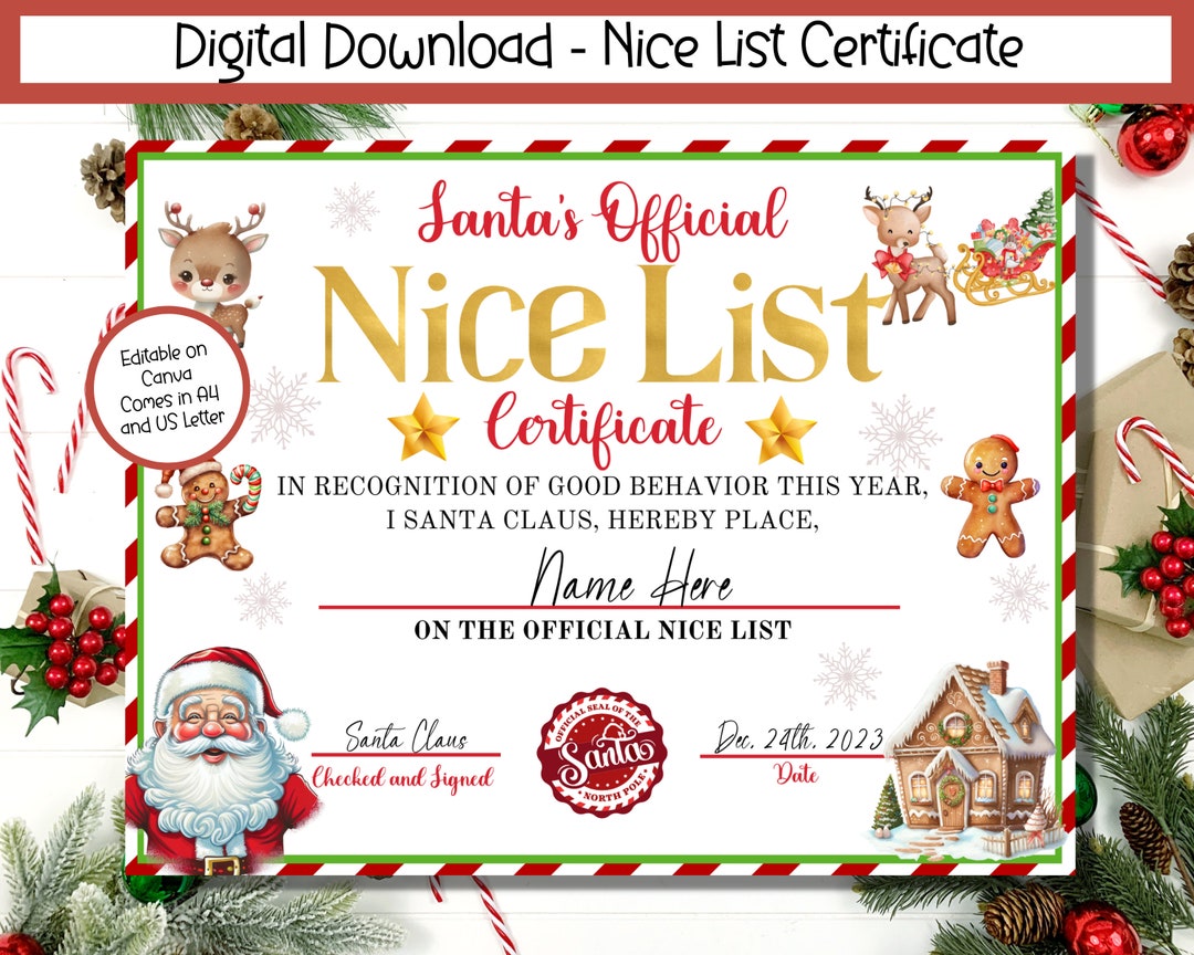 Official Nice List Certificate From Santa, Letter From Santa, Printable ...
