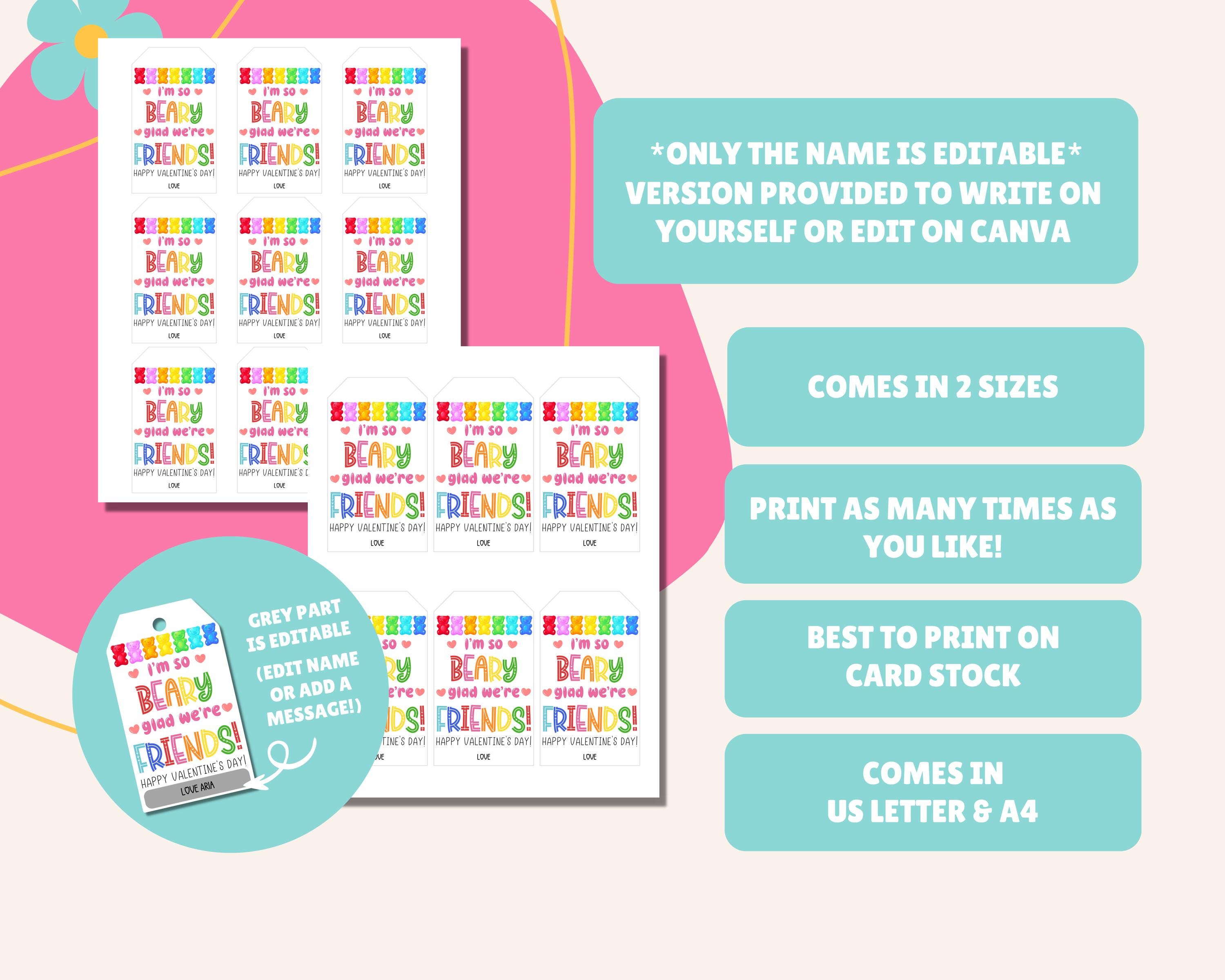 EDITABLE Gummy Bear Valentine Gift Tags, Printable Kids Valentine Tags ...