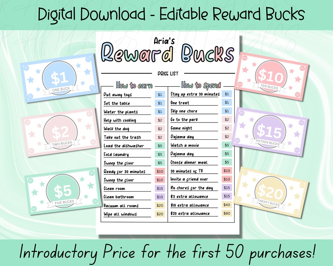 EDITABLE Reward Bucks, Play Money, Kids Chore Chart, Mom Bucks, Kids ...