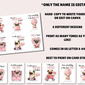 EDITABLE Printable Pug Valentine Cards, Classroom Valentines Day Cards ...