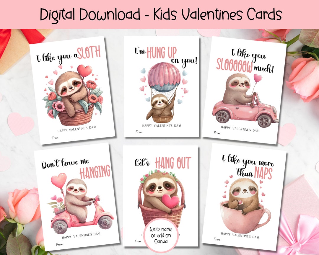 EDITABLE Printable Sloth Valentine Card, Classroom Valentines Day Cards ...