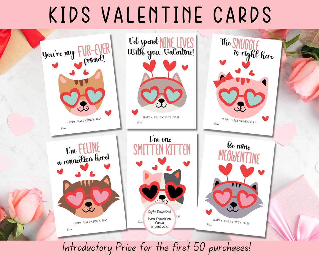 EDITABLE Printable Cat Valentine Cards, Classroom Valentines Day Cards ...