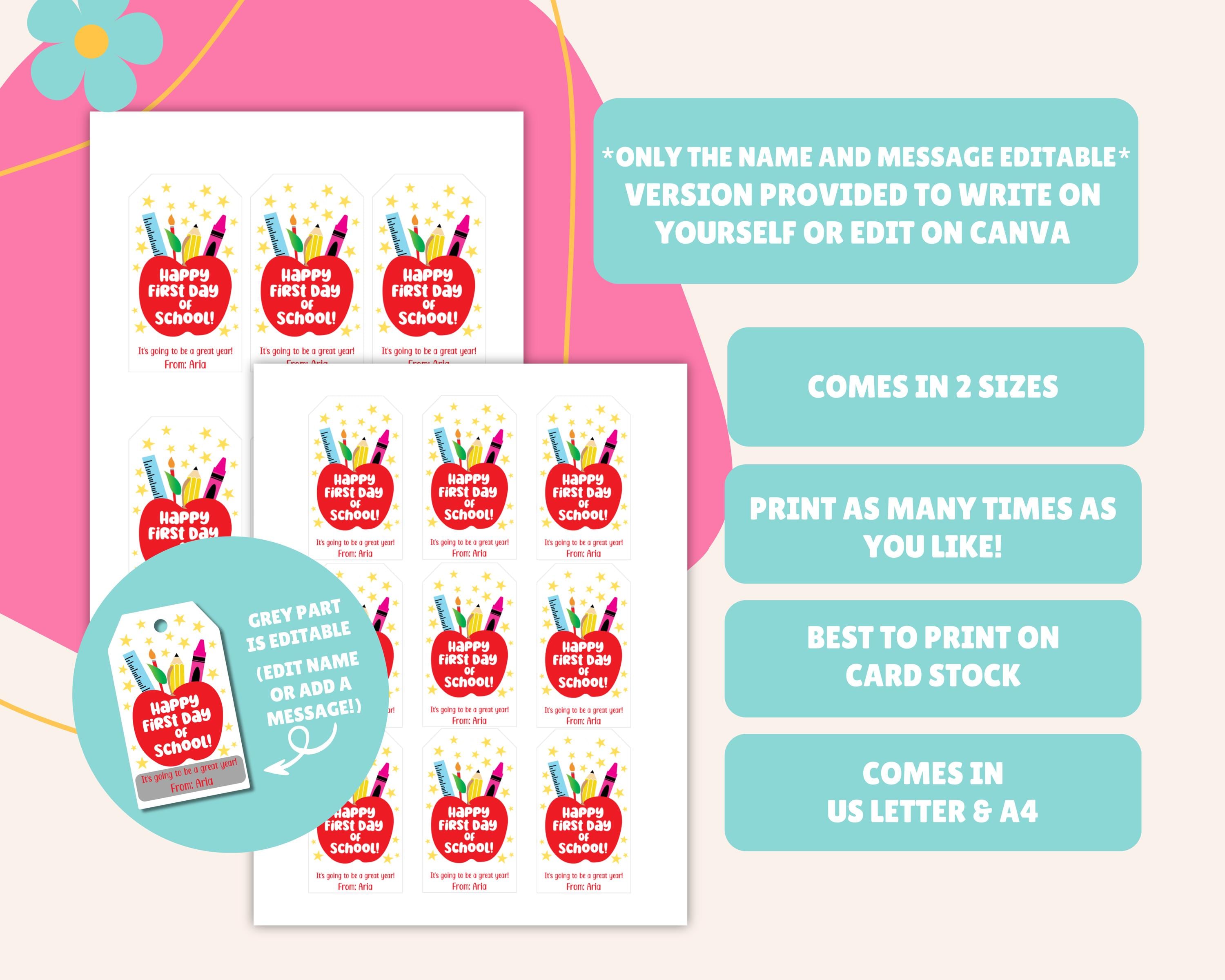 EDITABLE First Day of School Gift Tag, Back to School Gift Tag, Teacher ...