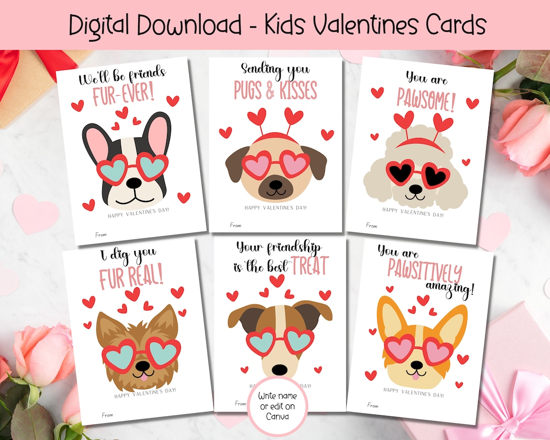 EDITABLE Printable Dog Valentine Cards, Classroom Valentines Day Cards ...