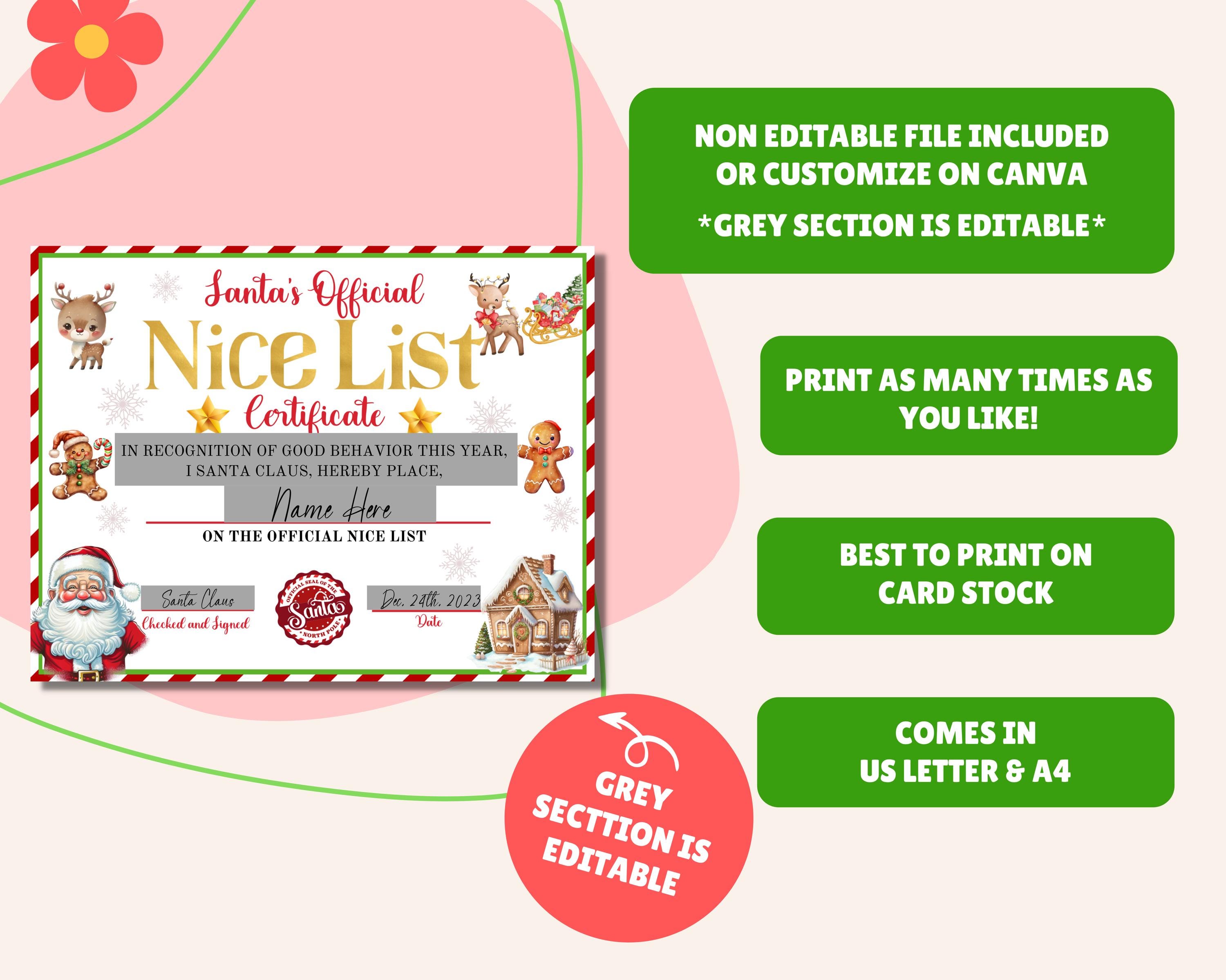 Official Nice List Certificate From Santa, Letter From Santa, Printable ...
