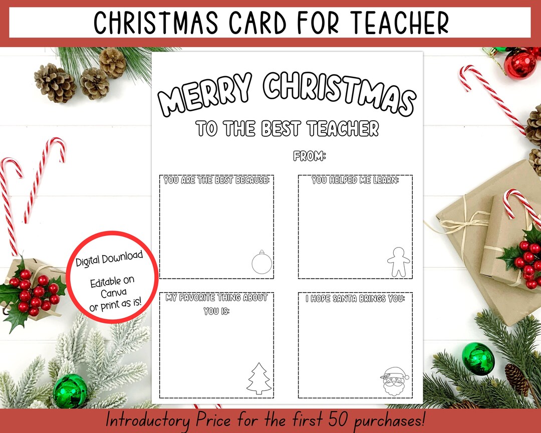 EDITABLE Teacher Christmas Card Coloring Page, Personalized Christmas ...