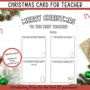 EDITABLE Teacher Christmas Card Coloring Page, Personalized Christmas ...