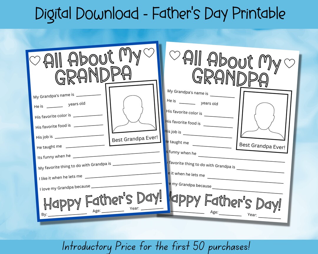 Fathers Day Printable, All About My Grandpa, Fathers Day Gift, Card for ...