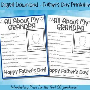 Fathers Day Printable, All About My Grandpa, Fathers Day Gift, Card for ...