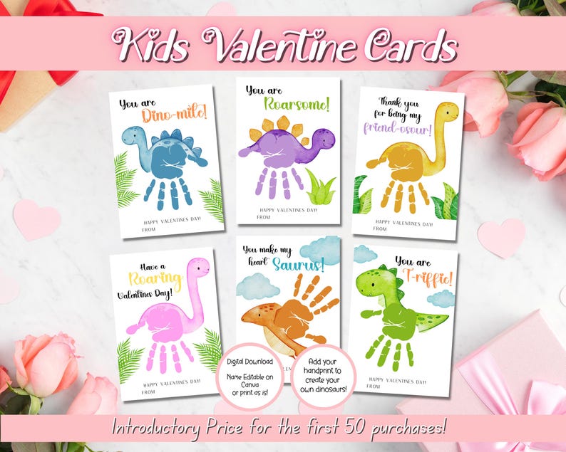 EDITABLE Printable Dinosaur Handprint Valentine Cards, Classroom ...