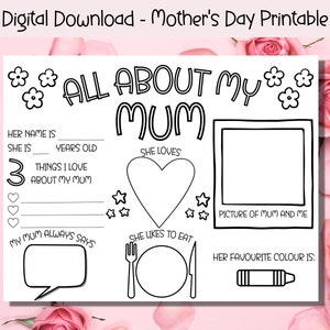 Mother's Day Printable, All About My Mum, Mothers Day Gift, Card for ...