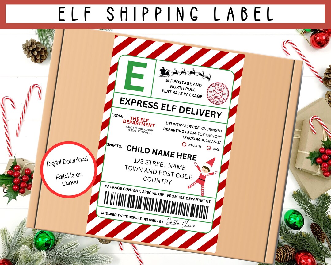 EDITABLE Elf Shipping Label, North Pole Delivery Tags, Santa Mail ...