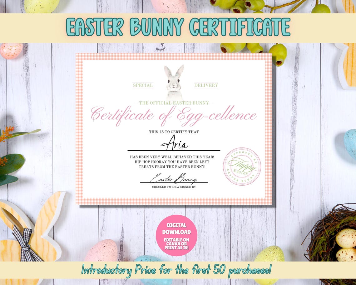 EDITABLE Certificate From Easter Bunny, Pink Printable Easter Bunny ...