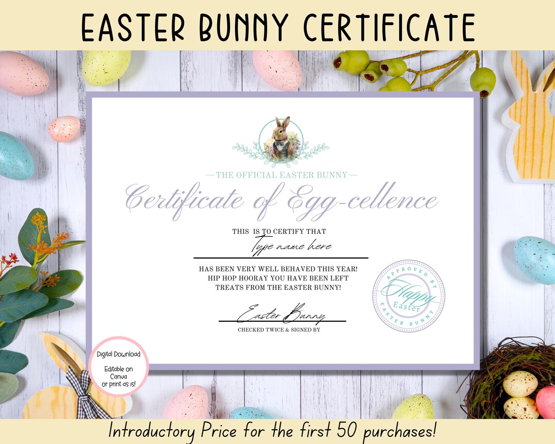 EDITABLE Certificate From Easter Bunny, Purple Printable Easter Bunny ...