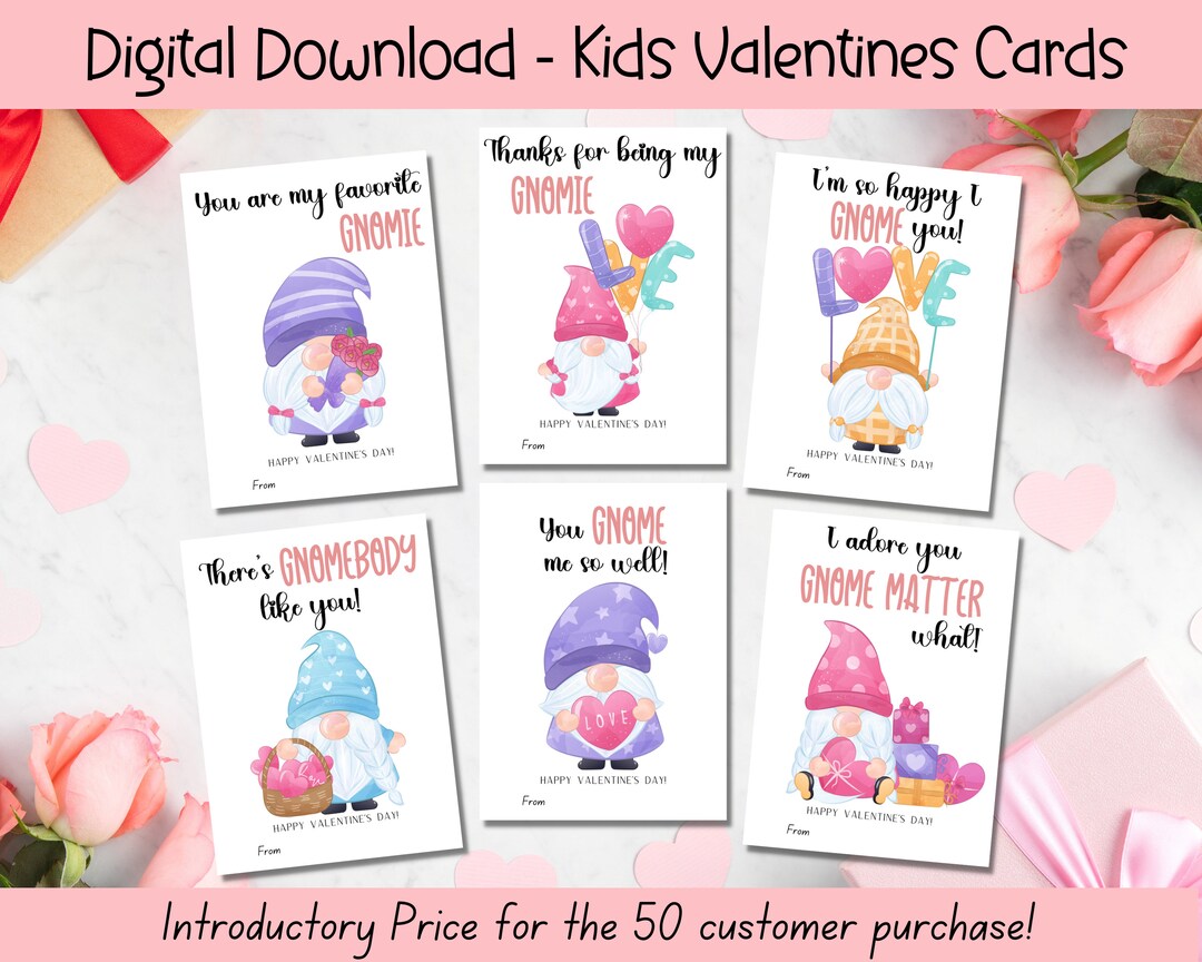 EDITABLE Printable Gnome Valentine Cards, Classroom Valentines Day Card ...