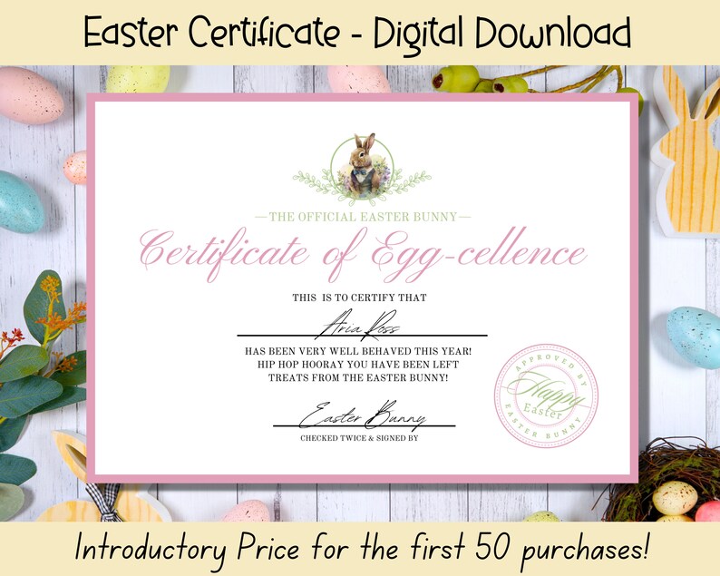 EDITABLE Certificate From Easter Bunny Pink Printable Easter - Etsy