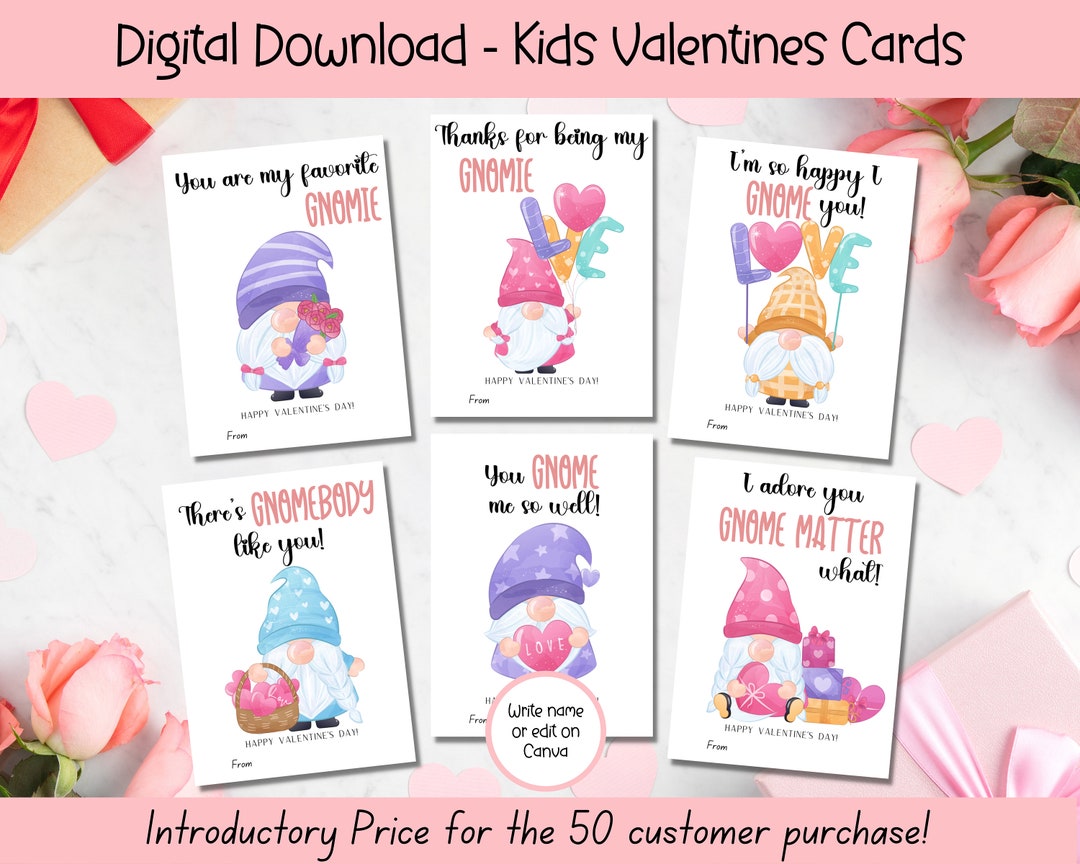 EDITABLE Printable Gnome Valentine Cards, Classroom Valentines Day Card ...