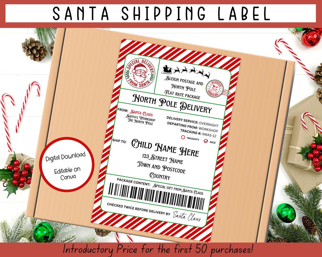 EDITABLE Santa Shipping Label Template, North Pole Delivery Tags, Santa ...