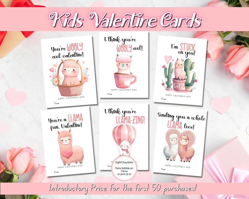 EDITABLE Printable Llama Valentine Cards, Classroom Valentines Day Card ...