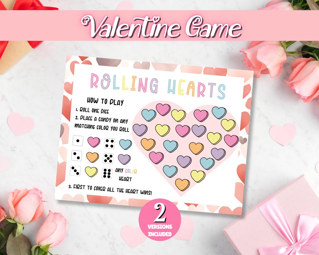 Valentine's Day Candy Game, Printable Rolling Hearts Valentine Games ...