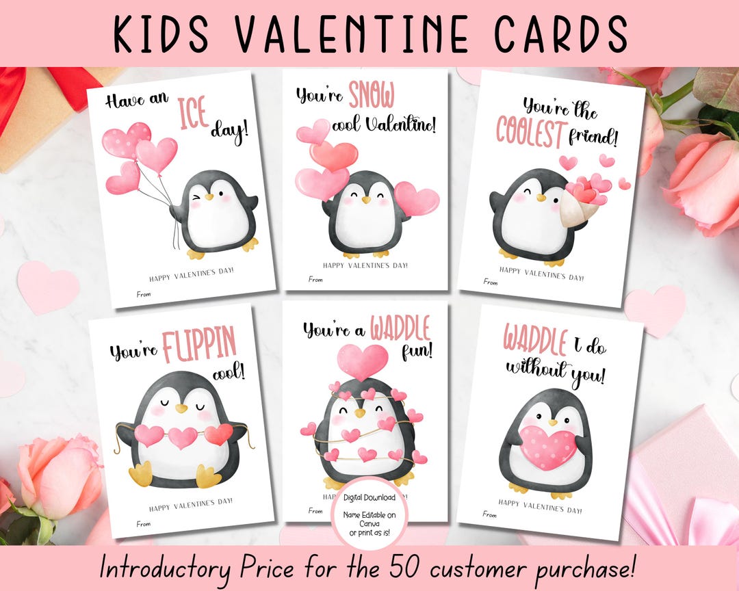 EDITABLE Penguin Valentine Cards, Classroom Valentines Day Cards, Kids ...