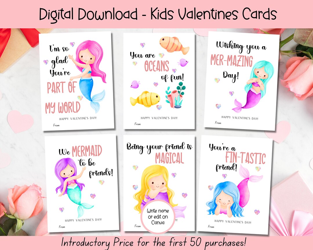 EDITABLE Printable Mermaid Valentine Cards, Classroom Valentines Day ...