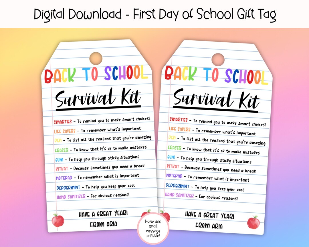EDITABLE Back to School Survival Kit, First Day of School Gift Tag ...