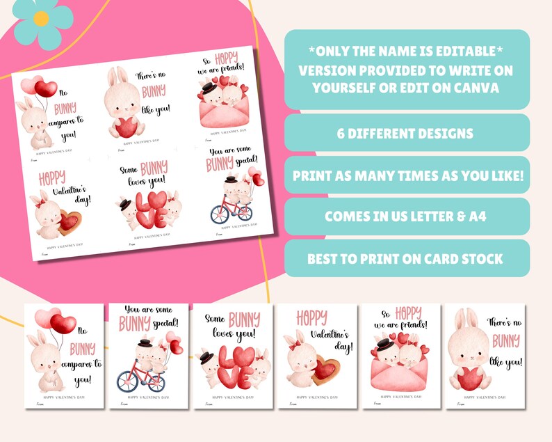 EDITABLE Bunny Valentine Cards, Classroom Valentines Day Cards, Kids ...