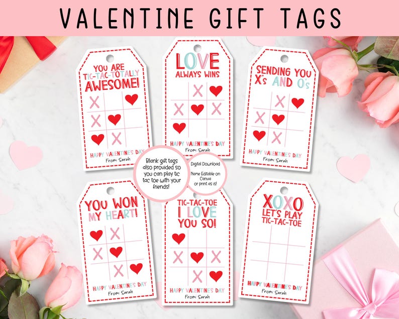 EDITABLE Tic Tac Toe Valentine Gift Tags, Printable Kids Valentine Tags ...