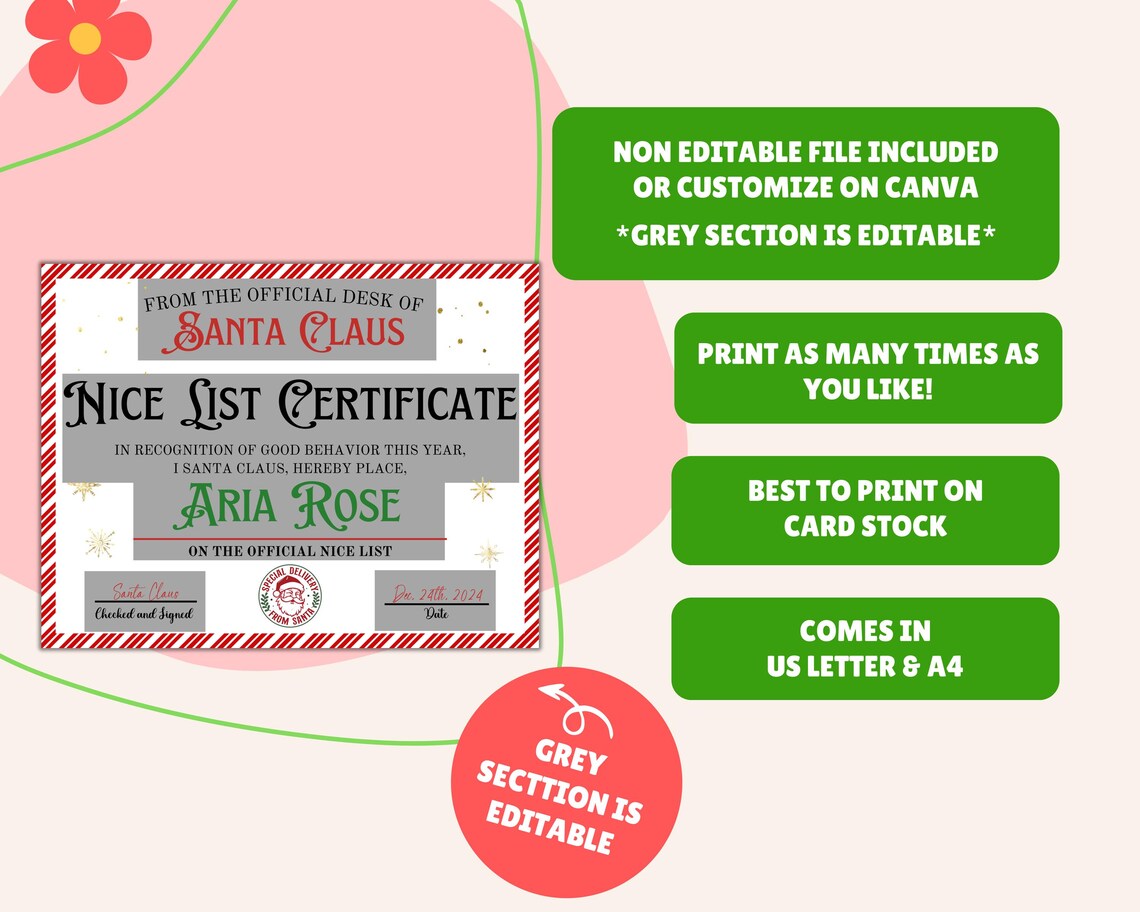 EDITABLE Nice List Certificate From Santa, Santa Nice List Certificate ...