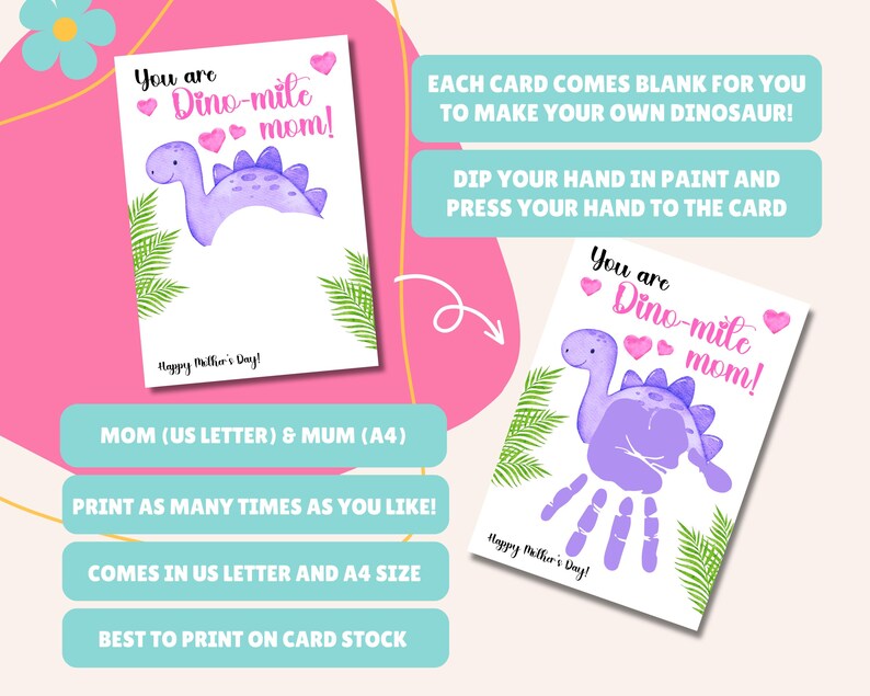 Mother's Day Printable, Dinosaur Handprint Art Bundle, Mothers Day Gift ...