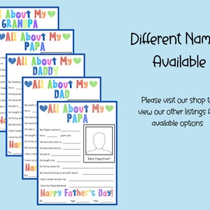 Father's Day Printable, All About My Papa, Fathers Day Gift, Card for ...