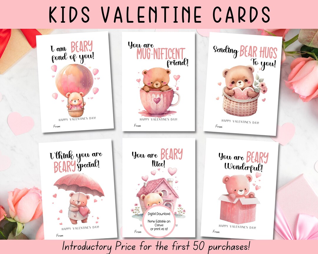 EDITABLE Classroom Valentines Day Cards, Printable Teddy Bear Valentine ...