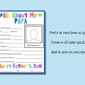 Father's Day Printable, All About My Papa, Fathers Day Gift, Card for ...