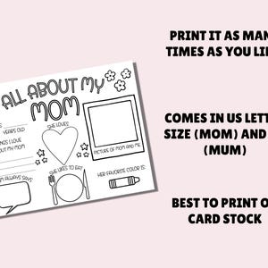 Mother's Day Printable, All About My Mom, Mothers Day Gift, Card for ...