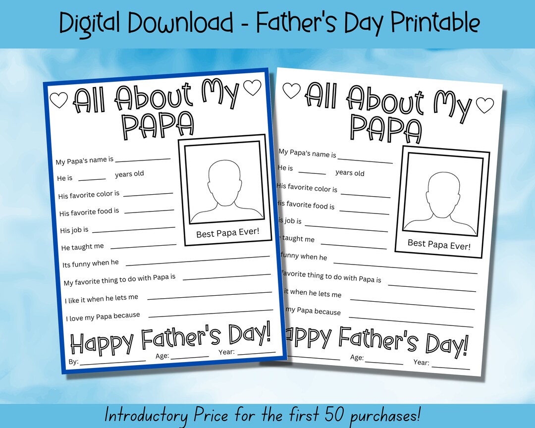 Fathers Day Printable, All About My Papa, Fathers Day Gift, Card for ...