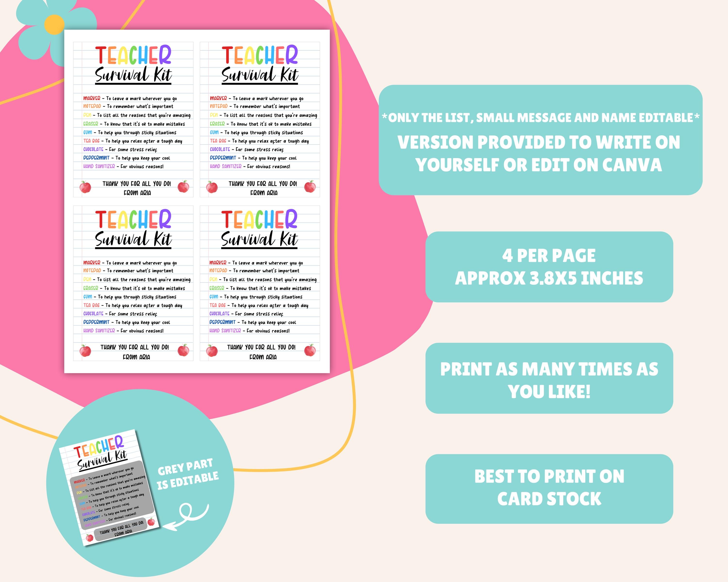 EDITABLE Teacher Survival Kit, First Day of School Gift Tag, Back to ...