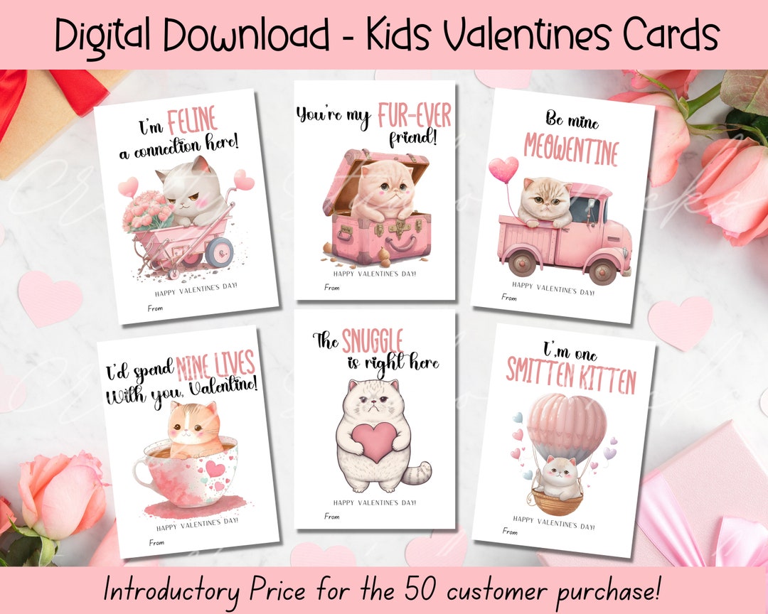 EDITABLE Printable Cat Valentine Cards, Classroom Valentines Day Cards ...