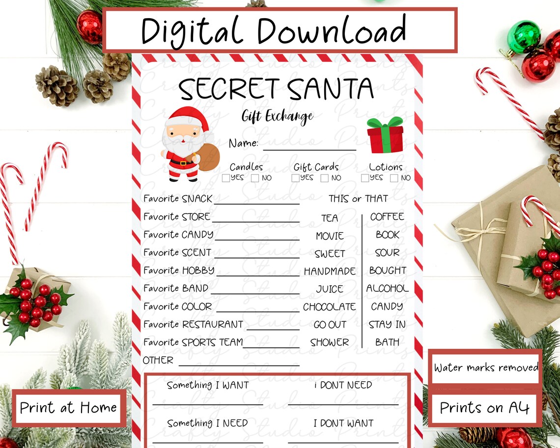 Secret Santa Questionnaire Secret Santa Gift Exchange for - Etsy