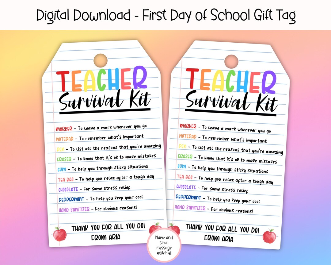EDITABLE Teacher Survival Kit, First Day of School Gift Tag, Back to ...