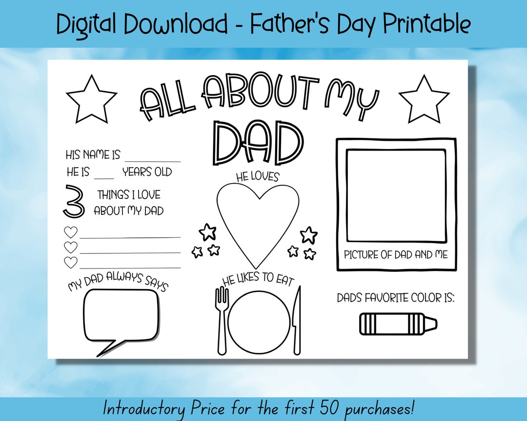 Father's Day Printable, All About My Dad, Fathers Day Gift, Card for ...