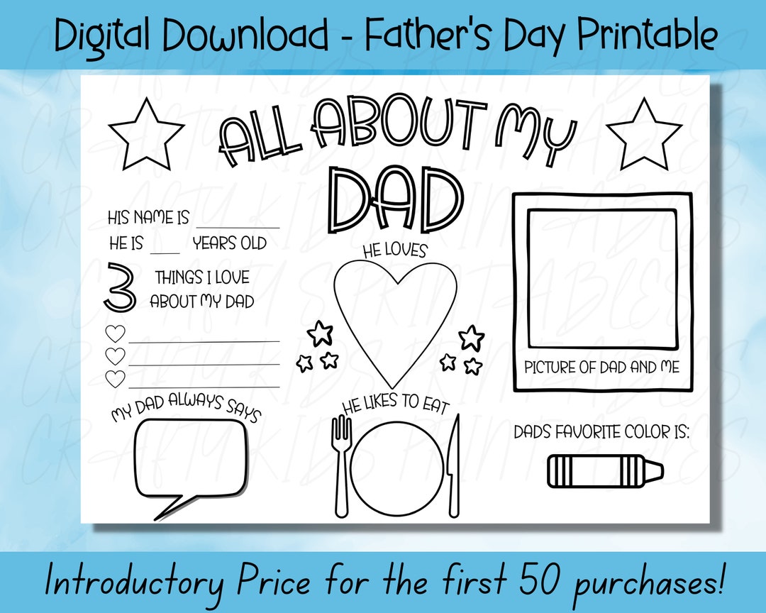 Father's Day Printable, All About My Dad, Fathers Day Gift, Card for ...