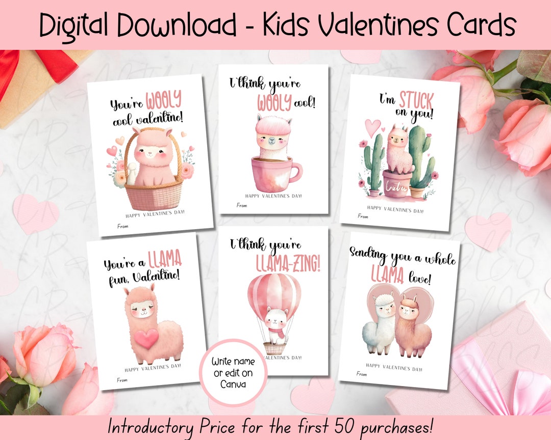EDITABLE Classroom Valentines Day Cards, Printable Llama Valentine's ...